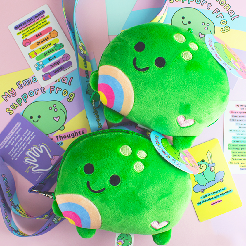 Set of Two Emotional Support Frog Zip Plushies: Calm & Happy with Calm ...